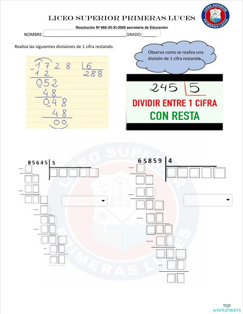 Division de 1 cifra con resta. Ficha interactiva | TopWorksheets