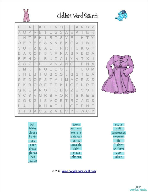 Clothes Wordsearch. Interactive worksheet | TopWorksheets