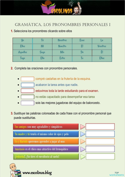 Gramática. Los pronombres personales I. Ficha interactiva | TopWorksheets