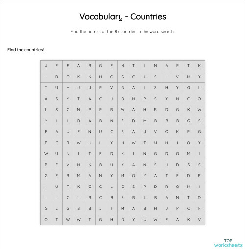 Vocabulary - Countries. Interactive worksheet | TopWorksheets