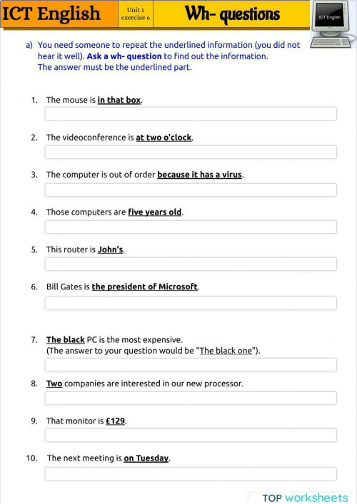 ICT 1.6 - Be - Wh- questions. Interactive worksheet | TopWorksheets
