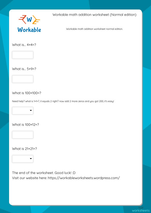 Workable math addition worksheet (Normal edition). Interactive ...