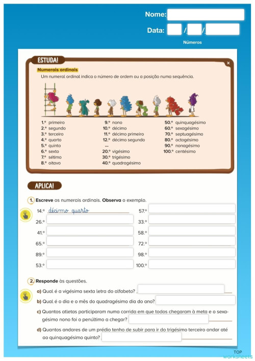 Ficha de trabalho números ordinais/ sistema de numeração decimal ...