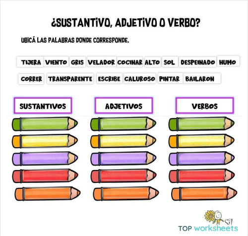 G1 - Sustantivos, verbos y adejtivos. Ficha interactiva | TopWorksheets