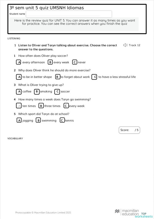 3rd Unit 5 Quiz. Interactive worksheet | TopWorksheets