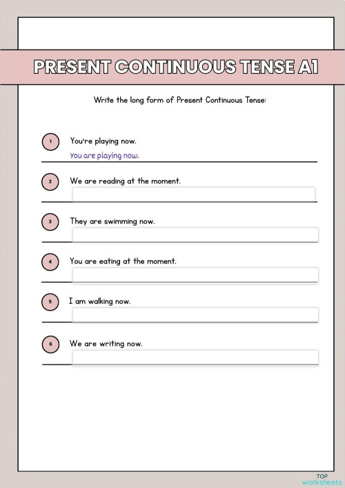 Present Continuous Tense Positive A1 Interactive Worksheet Topworksheets 4614