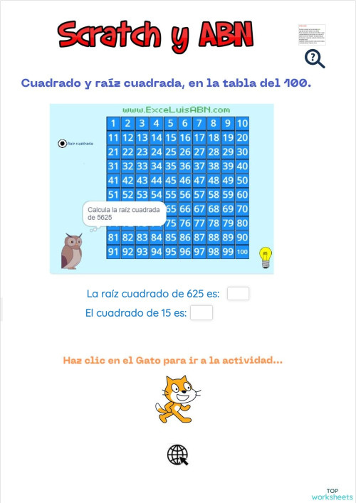 Scratch: Cuadrado y raíz cuadrada, con la tabla del 100.. Ficha interactiva | TopWorksheets