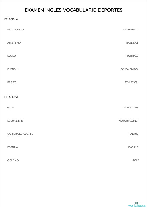 EXAMEN INGLES VOCABULARIO DEPORTES. Ficha interactiva | TopWorksheets