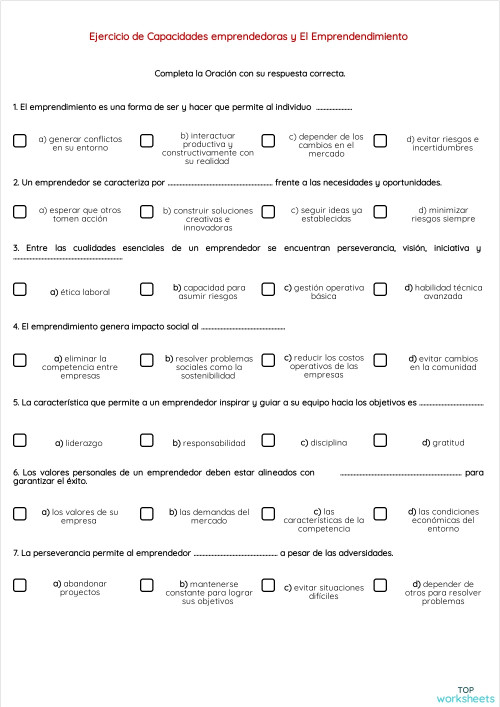 Ejercicio de Capacidades emprendedoras y el emprendimiento. Ficha interactiva | TopWorksheets