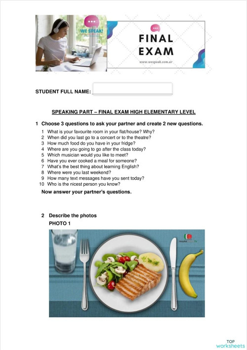 Final oral exam - Elementary Plus A2. Interactive worksheet | TopWorksheets