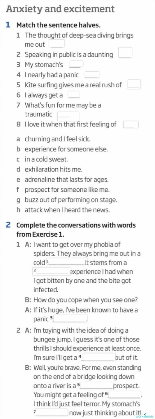 anxiety and excitement. Interactive worksheet | TopWorksheets