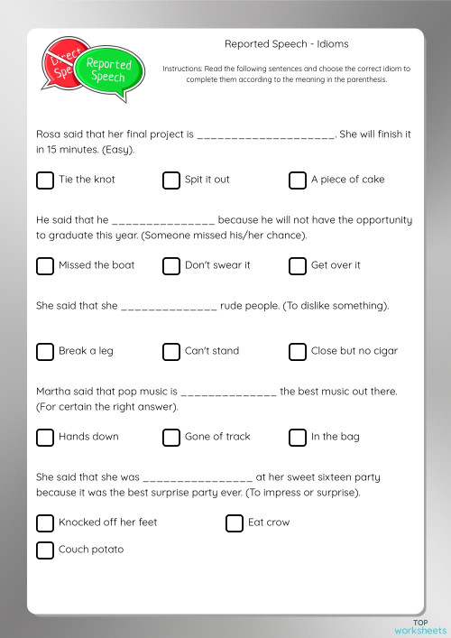 Reported Speech - Idioms. Interactive worksheet | TopWorksheets