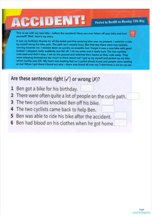 reading accident. Interactive worksheet | TopWorksheets