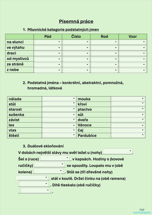 Čeština: interaktivní pracovní listy a online cvičení | TopWorksheets