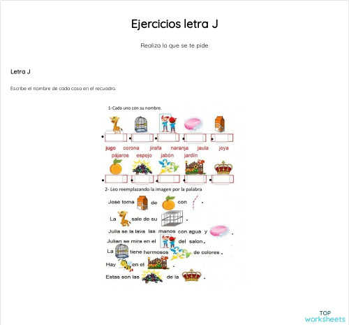 Ejercicios letra J. Ficha interactiva | TopWorksheets
