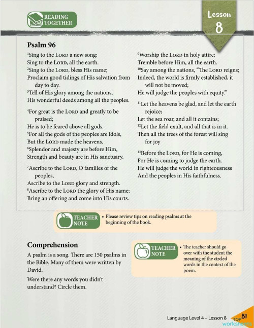 Lesson 8: Reading Together Pg 81. Interactive worksheet | TopWorksheets