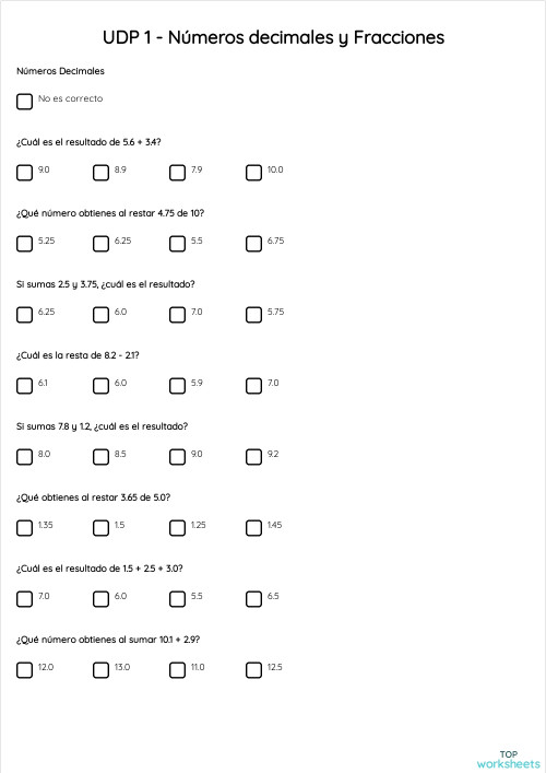 Suma y restas de decimales. Ficha interactiva | TopWorksheets