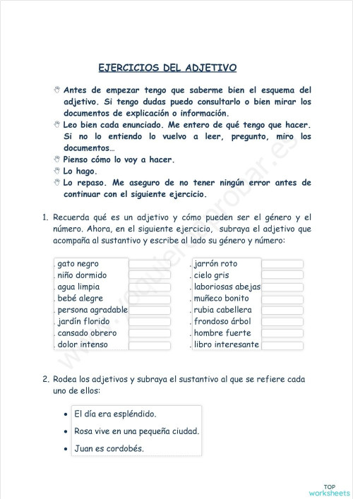 Hojas De Trabajo De Sustantivos Y Adjetivos