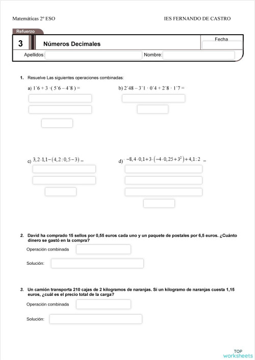 Suma y restas de decimales. Ficha interactiva | TopWorksheets