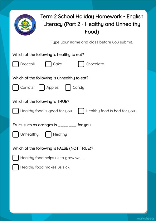 Term 2 School Holiday Homework - English Literacy (Part 2 - Healthy and ...