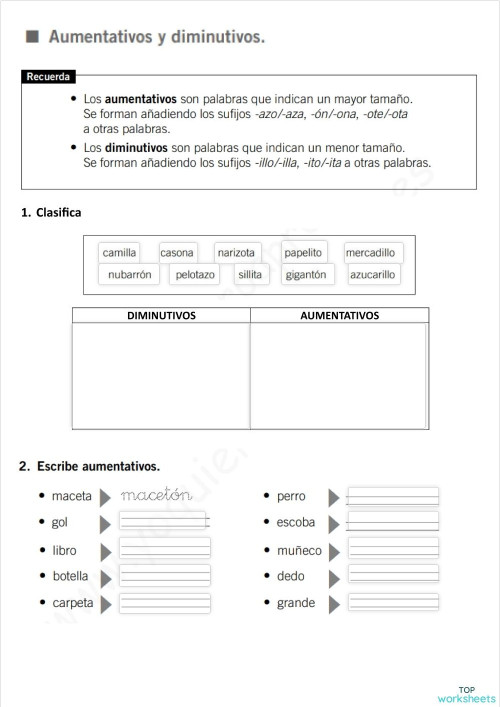 Aumentativos y diminutivos: fichas interactivas y ejercicios online ...