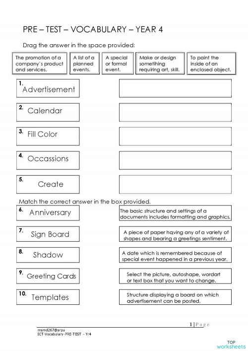 VOCABULARY - ICT - YEAR 4. Interactive worksheet | TopWorksheets