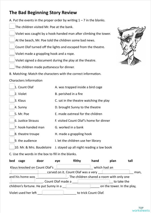 The Bad Beginning Story Review. Interactive worksheet | TopWorksheets