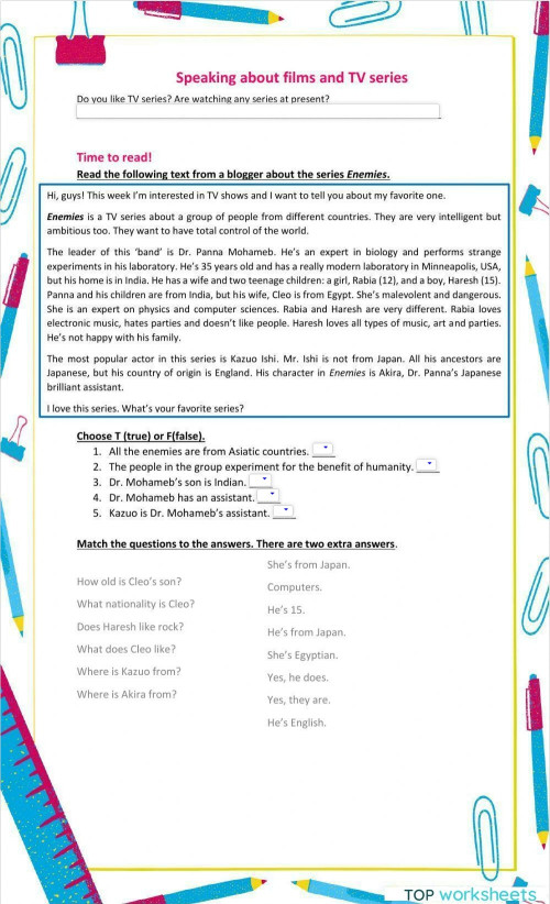 Lesson 3 - Speaking about films and TV series. Interactive worksheet ...