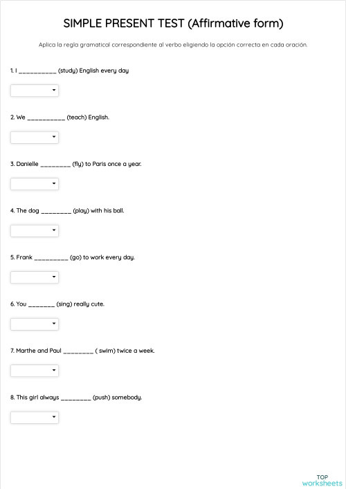 SIMPLE PRESENT TEST (Affirmative form). Ficha interactiva | TopWorksheets