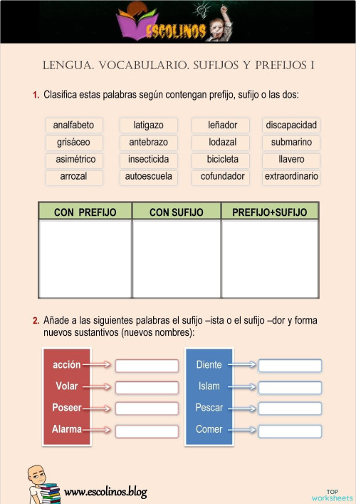 Vocabulario. Sufijos y prefijos I. Ficha interactiva | TopWorksheets
