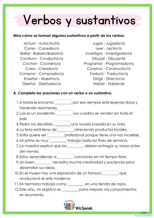 ESB02-U9 Verbos y sustantivos. Ficha interactiva | TopWorksheets