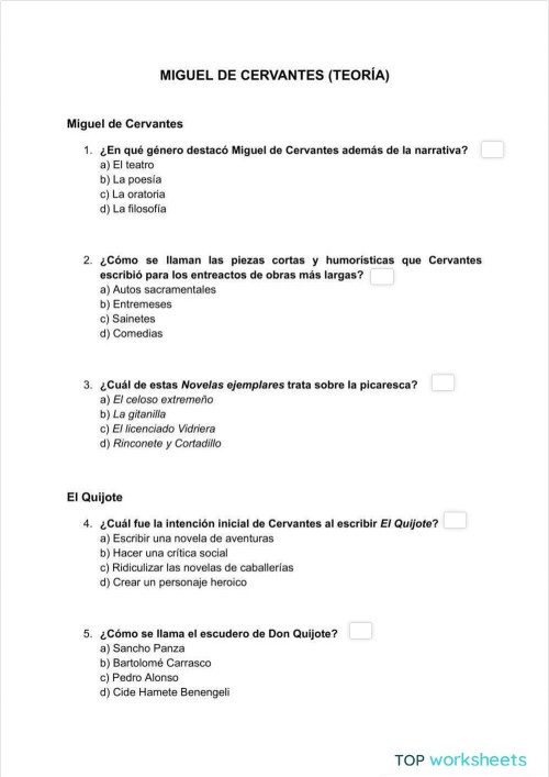 Miguel de Cervantes (teoría). Ficha interactiva | TopWorksheets
