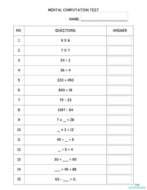 MENTAL COMPUTATION TEST YEAR 5. Interactive worksheet | TopWorksheets