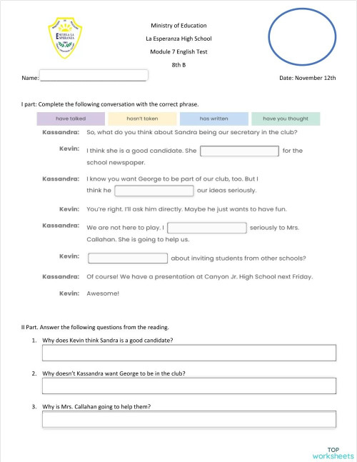 Module 7 Test - 8th B. Interactive worksheet | TopWorksheets