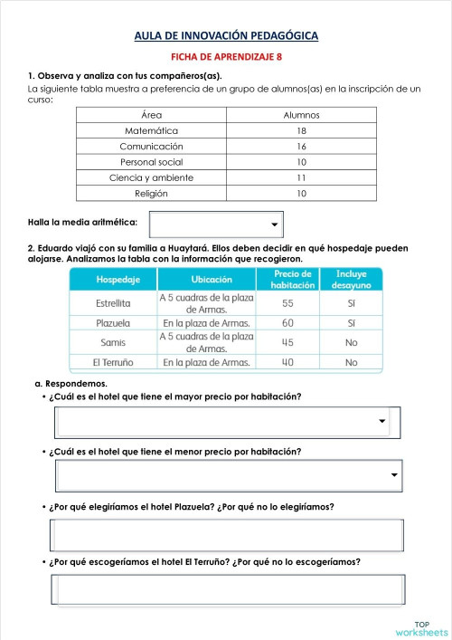 PROMEDIO, MEDIA ARITMETICA. Ficha interactiva | TopWorksheets