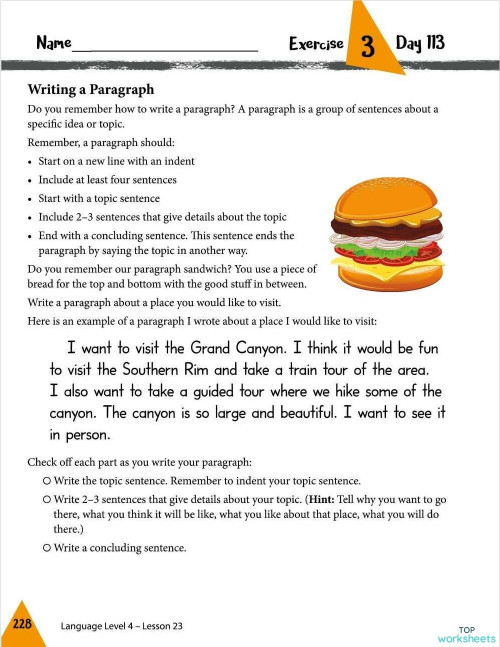 Lesson 23: Pg 228-229 Writing a Paragraph Ex 3. Interactive worksheet ...