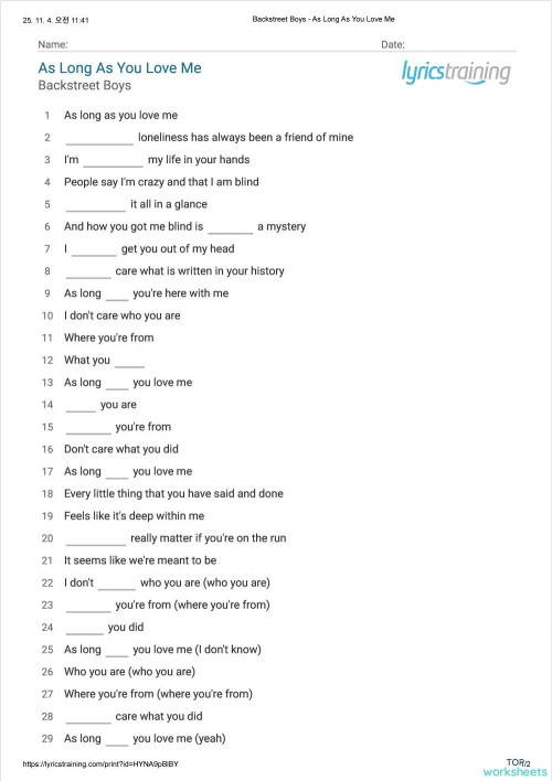 as long as you love me. Interactive worksheet | TopWorksheets