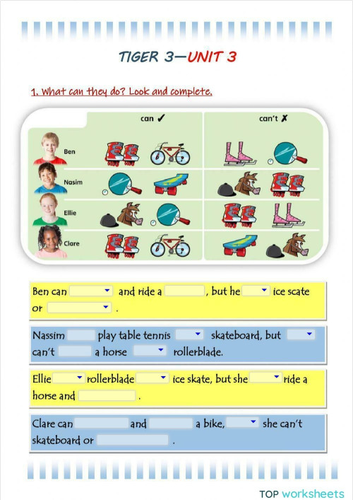 What can they do? - Tiger 3 - Unit 3 - Can - Can't. Interactive ...