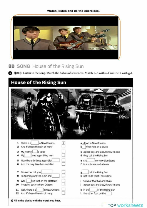 Song - The House of the rising sun. Interactive worksheet | TopWorksheets