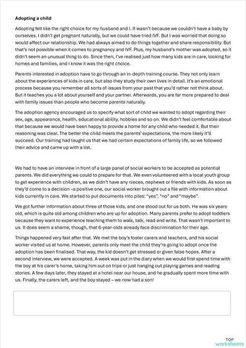 Adopting a child, Reading and Speaking practice.. Interactive worksheet ...