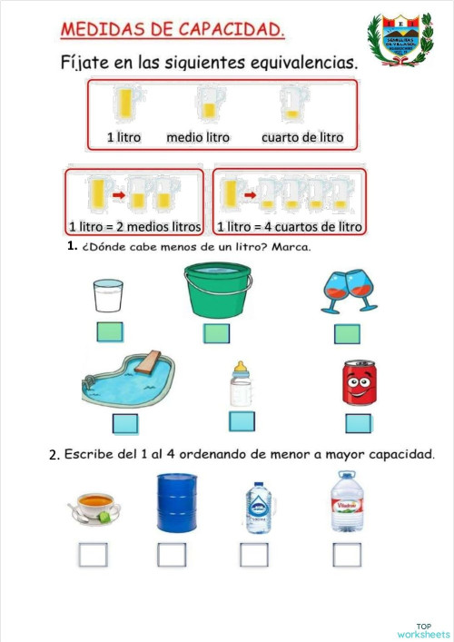 Unidades de Capacidad - Tercer grado. Ficha interactiva | TopWorksheets