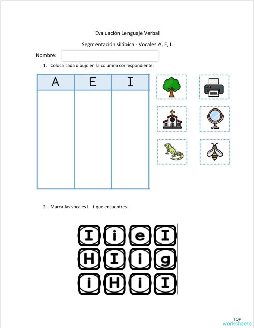 Vocales A, E, I - Segmentación silábica. Ficha interactiva | TopWorksheets
