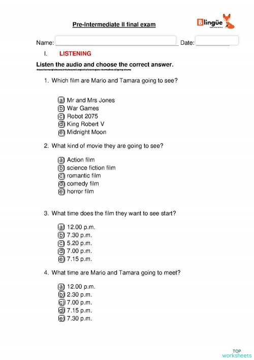 Pre-Intermediate II final exam. Interactive worksheet | TopWorksheets