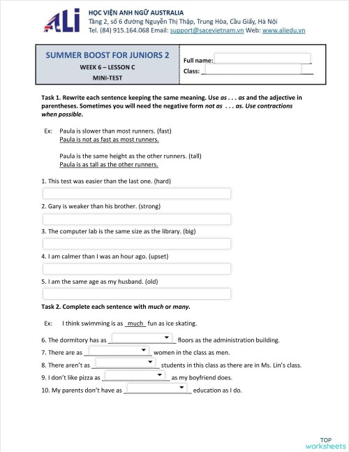 SBJ_W6_Lesson C_Mini test. Interactive worksheet | TopWorksheets