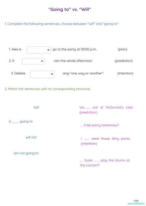 Going to vs. Will. Interactive worksheet | TopWorksheets