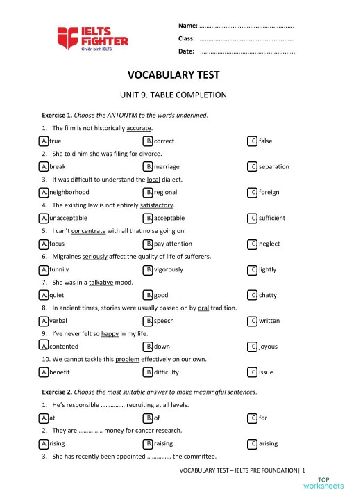 VOCAB TEST UNIT 9. Interactive worksheet | TopWorksheets