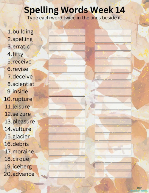 Spelling Words Week 14.1. Interactive worksheet | TopWorksheets