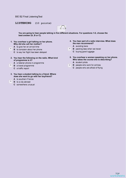 BIE B2 Final Listening Test. Interactive worksheet | TopWorksheets