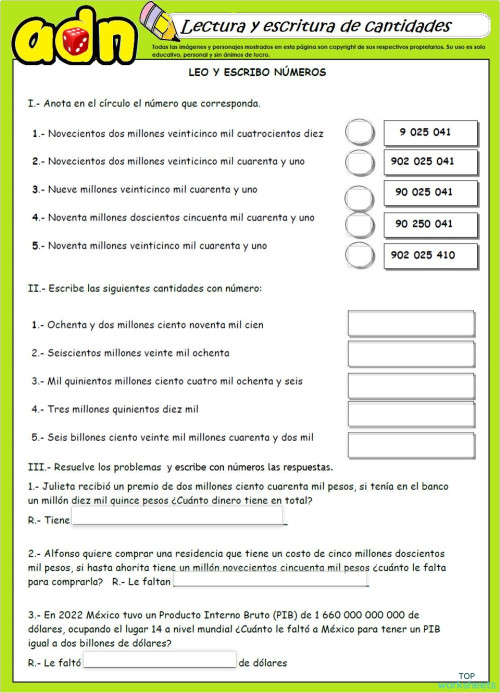 Escritura y lectura de cantidades. Ficha interactiva | TopWorksheets