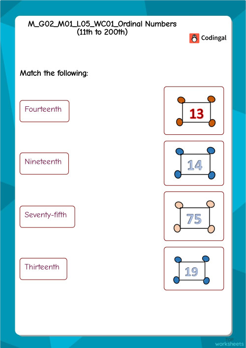 M_G02_M01_L05_WC01_Ordinal Numbers (11th to 200th). Interactive worksheet | TopWorksheets